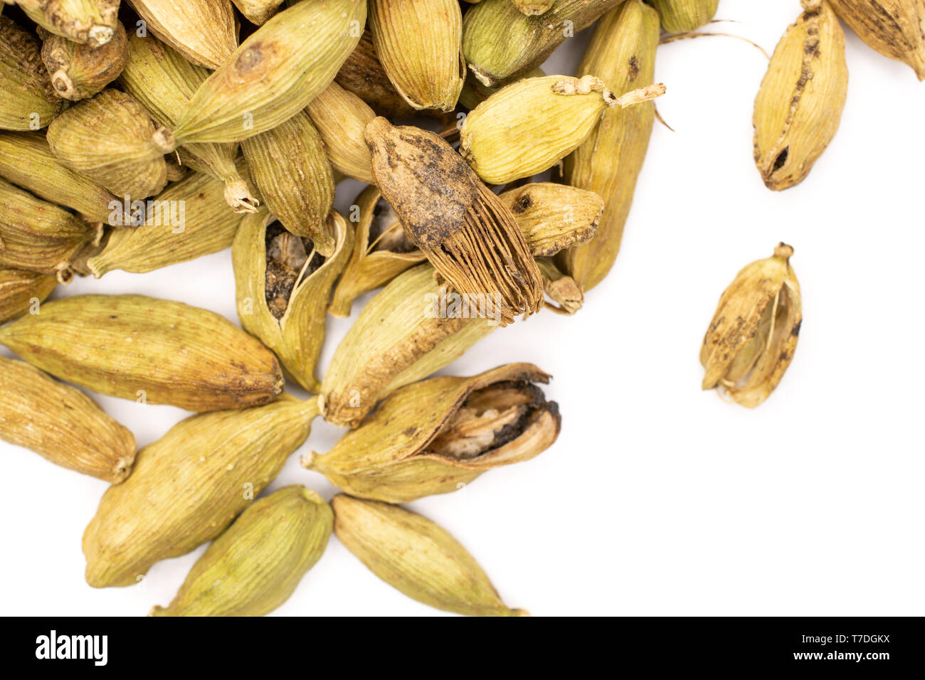 Closeup of lot of whole true cardamom pod flatlay isolated on white ...