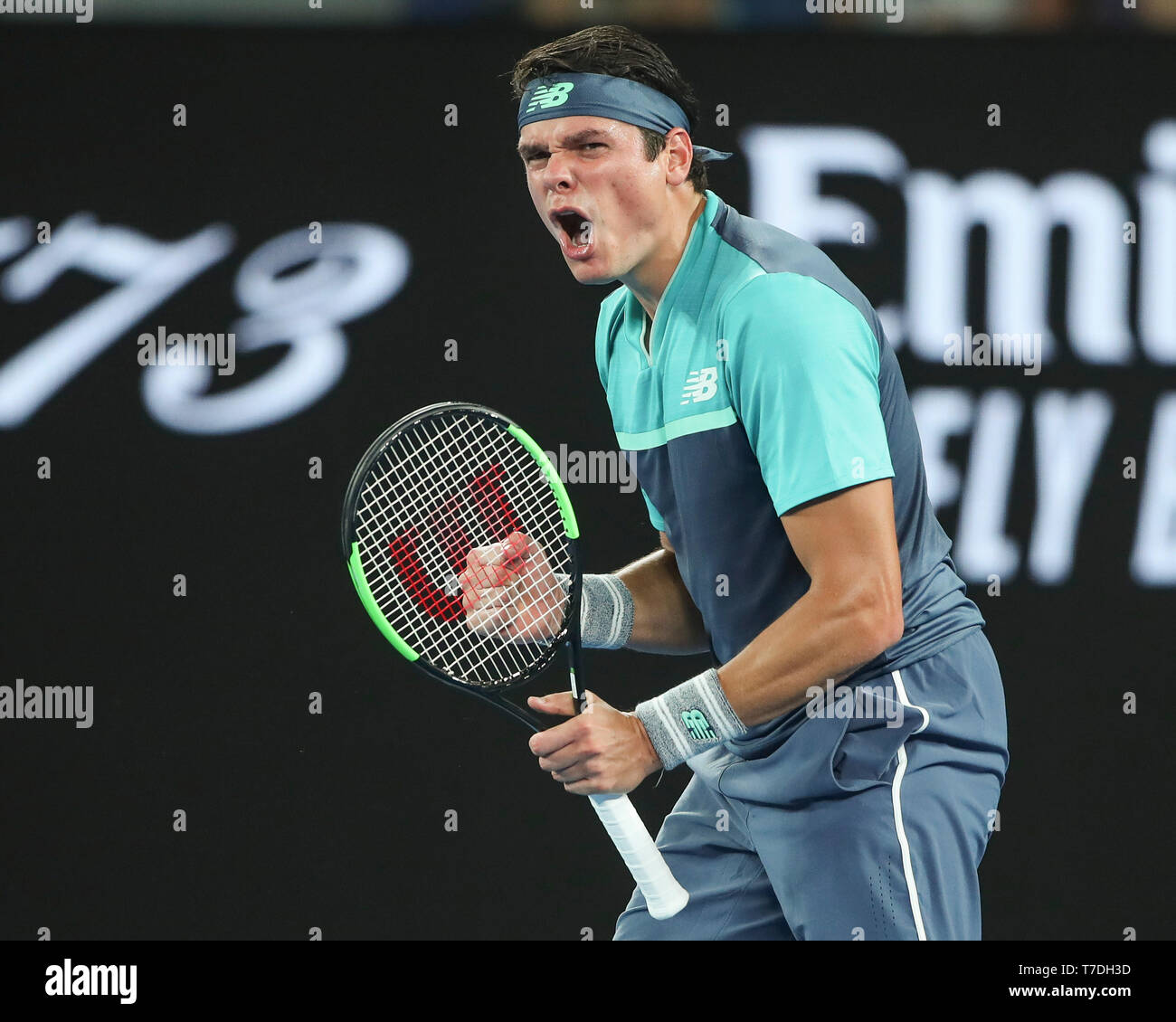 Canadian tennis player Milos Raonic celebrating and screaming at the Australian Open 2019 tennis ...