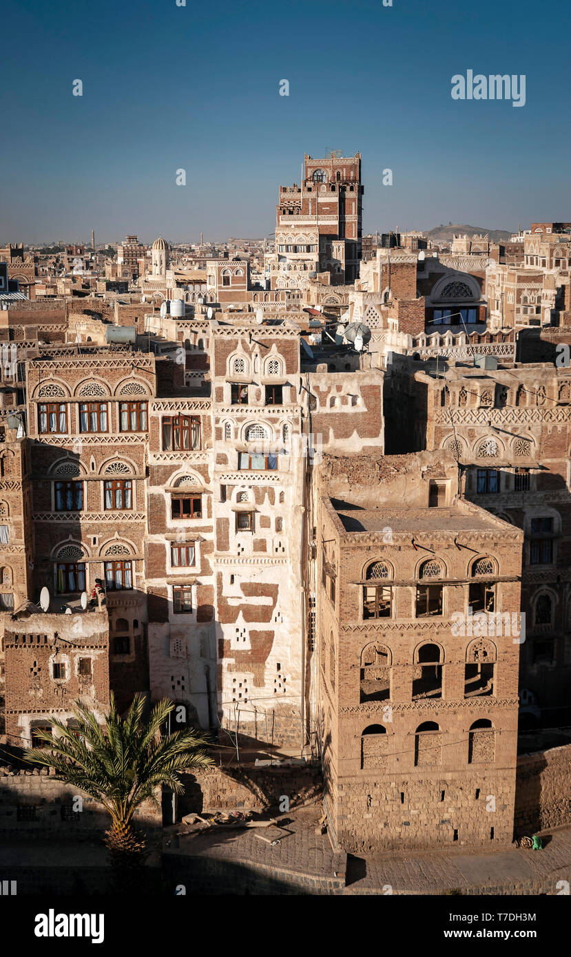 view of downtown sanaa city old town traditional arabic architecture ...