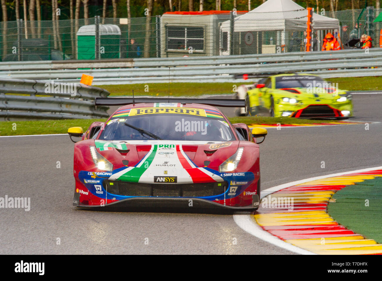 AF Corse Ferrari 488 leads through Les Combes chicane. WEC Total 6 ...
