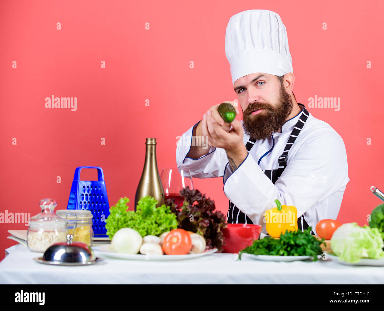 Bearded man cook in kitchen, culinary. Vegetarian. Mature chef with ...