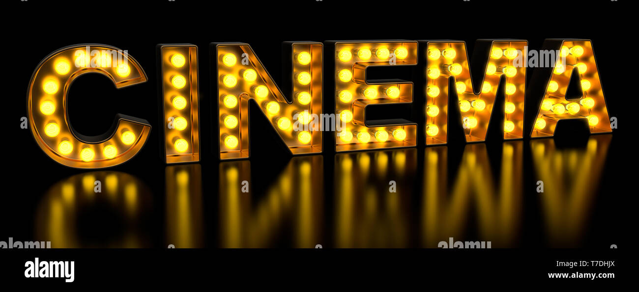Cinema signboard from golden light bulb letters, retro glowing font. 3D ...
