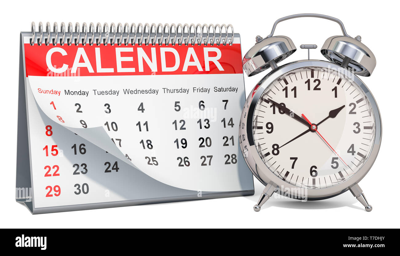 Desk calendar with alarm clock, 3D rendering isolated on white ...