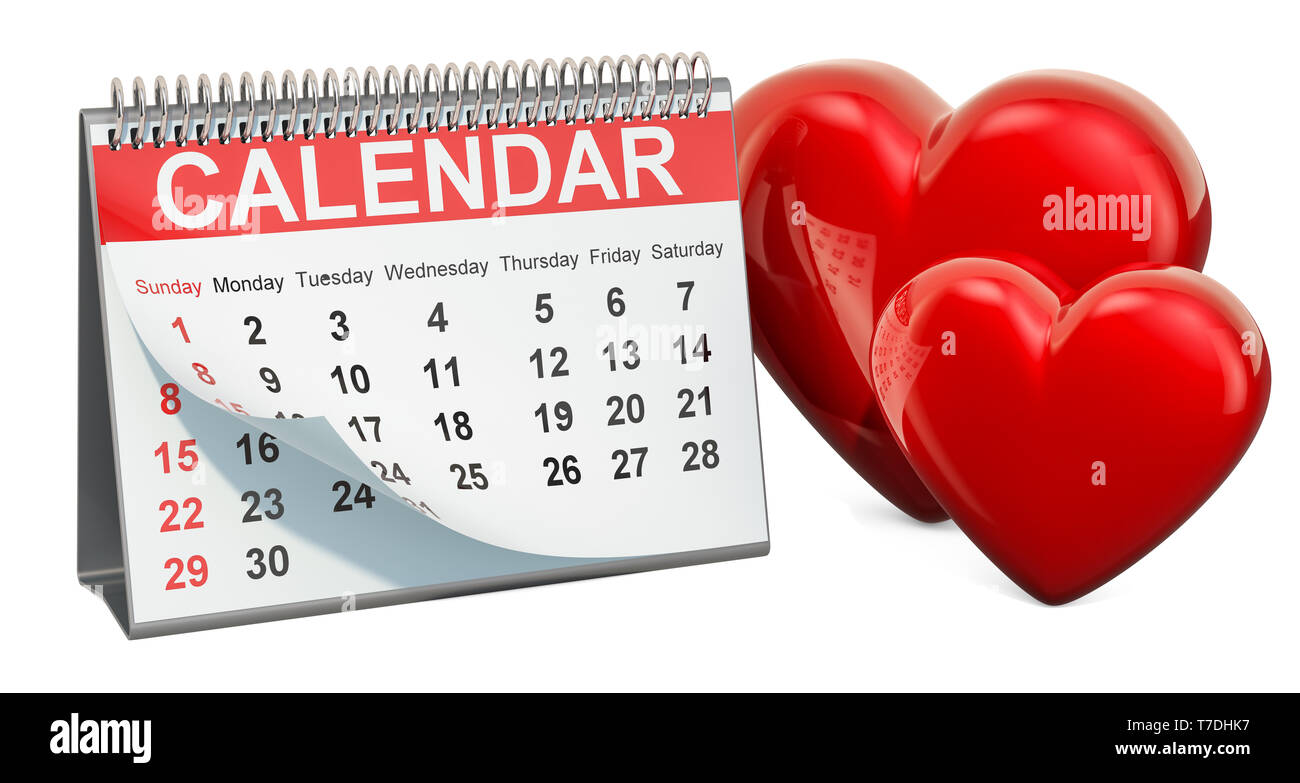 Desk calendar with red hearts, 3D rendering isolated on white ...