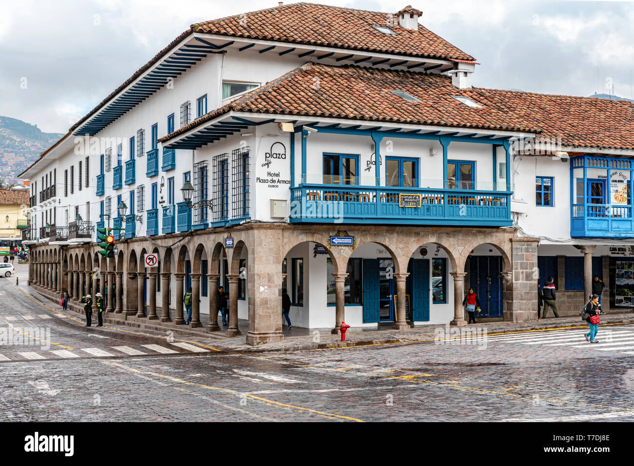 Cusco, Peru - April 3, 2019: View at the old colonial building located ...