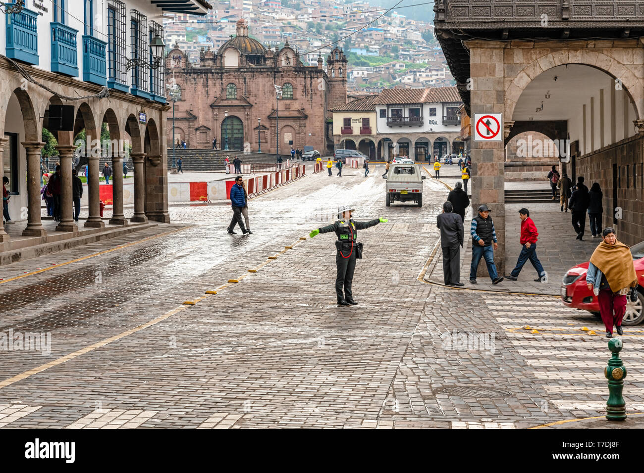 Cusco, Peru - April 3, 2019: Police woman directing traffic at the ...