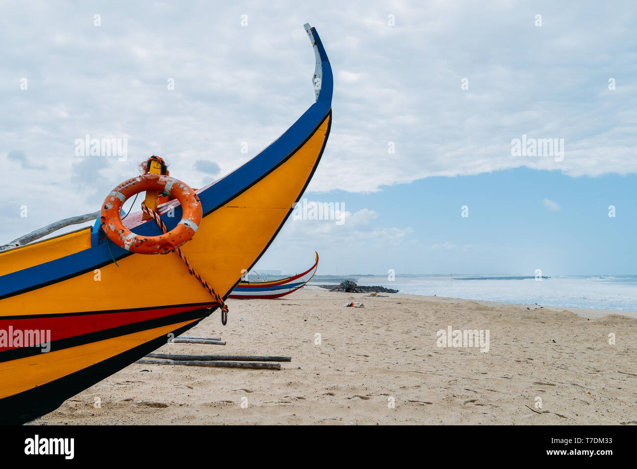 Typical colourful Moliceiro fishing boats on the beach in Espinho ...