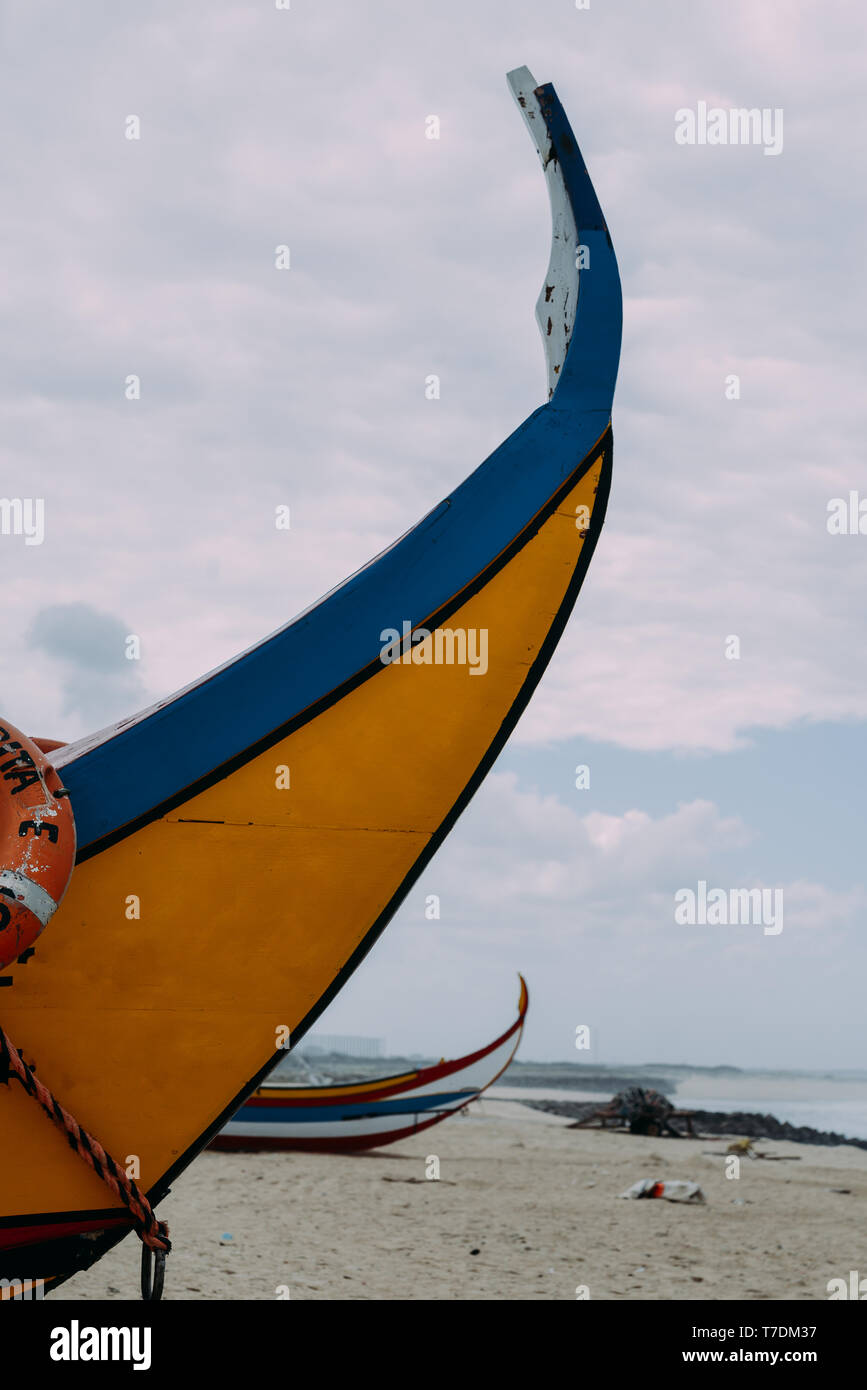 Typical colourful Moliceiro fishing boats on the beach in Espinho ...