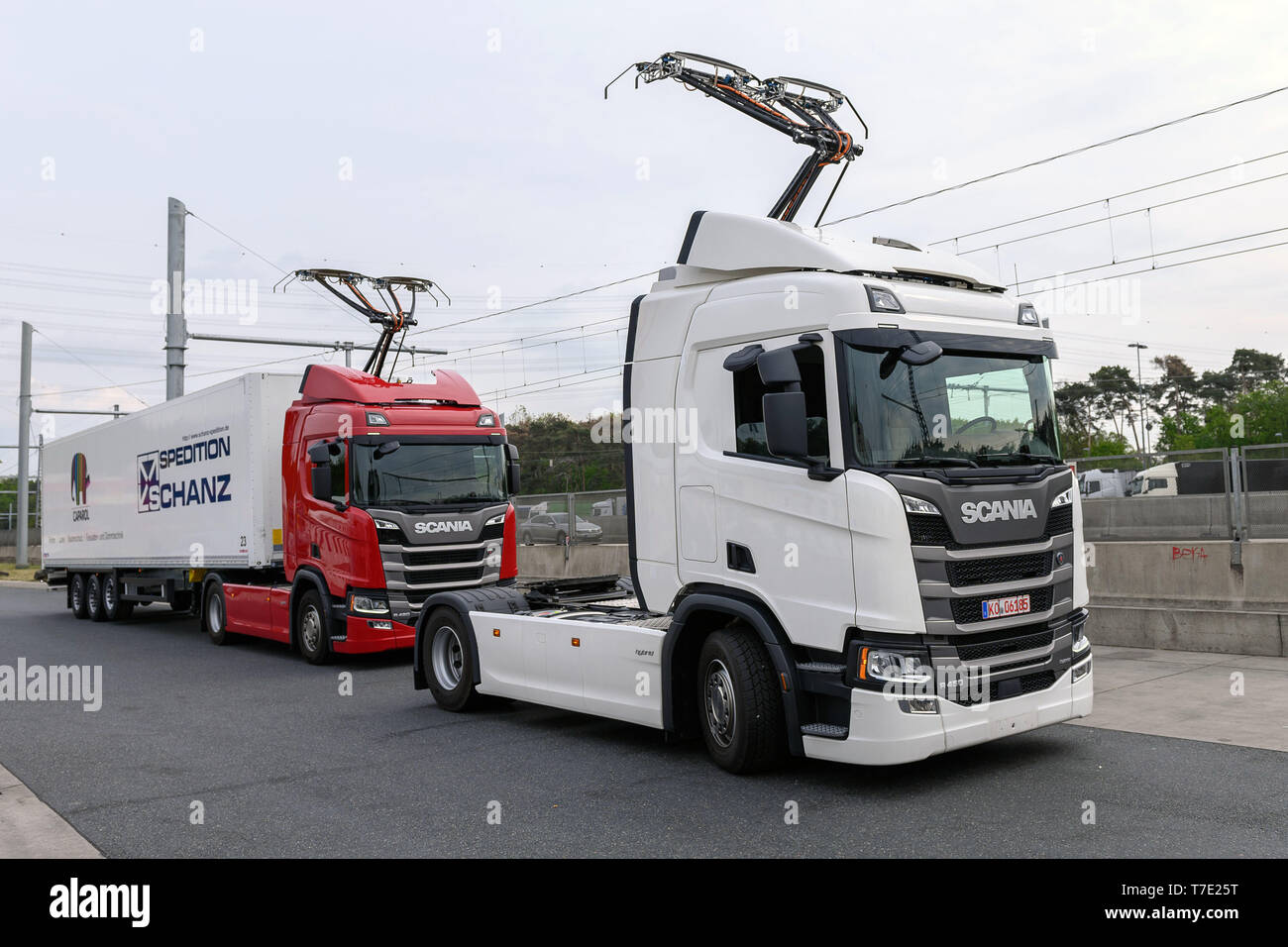 Darmstadt, Germany. 07th May, 2019. Two Scania R450 Hybrid tractors ...