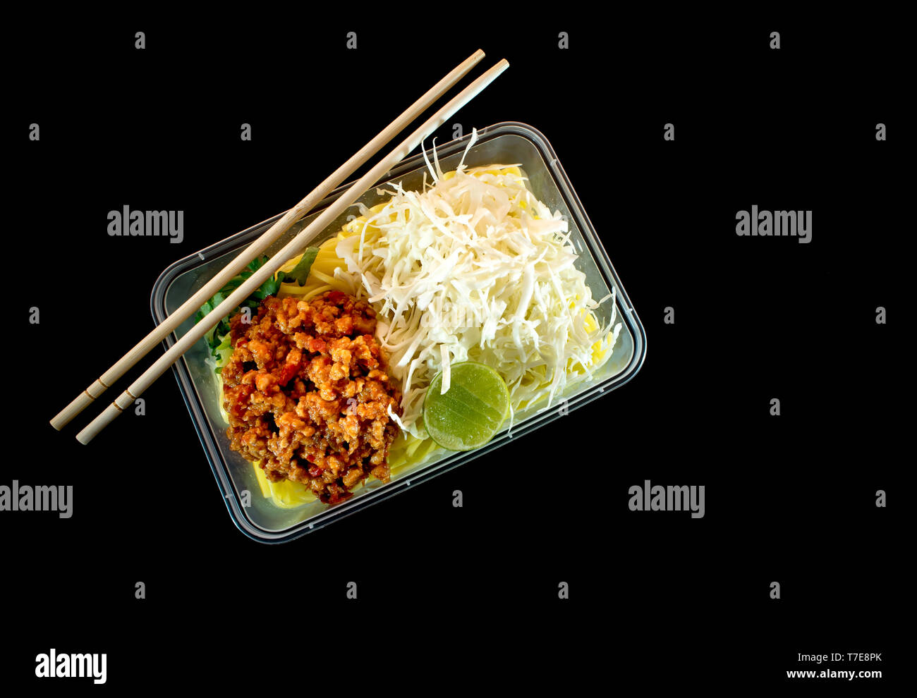 Spaghetti with sauce / Take home food in plastic packaging Stock Photo ...