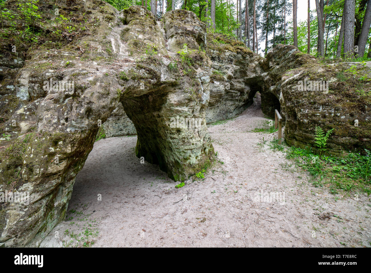 sandstone cave entrance in dark. sand covered ground. latvia Stock ...