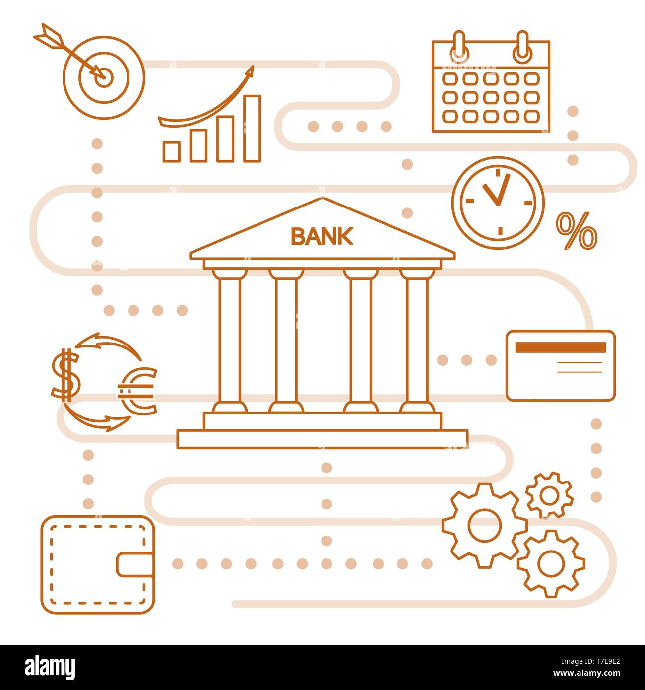 Vector illustration with banking line icon. Bank building, credit card ...