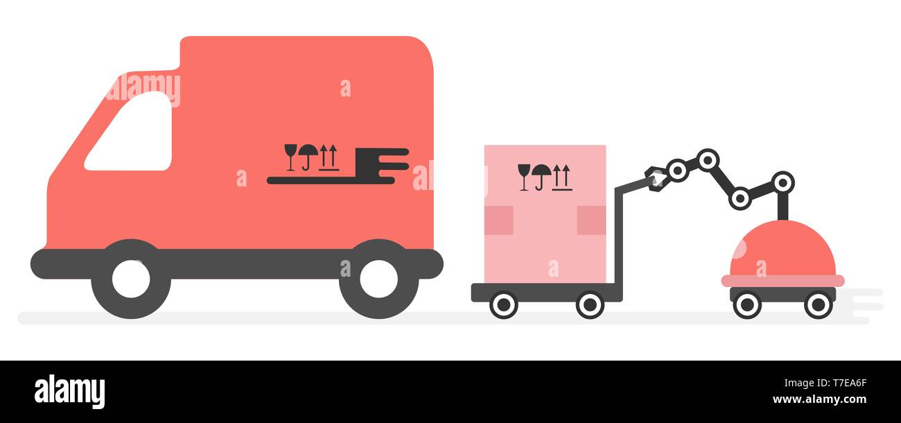 Vector illustration with robot loader loads boxes into a truck ...