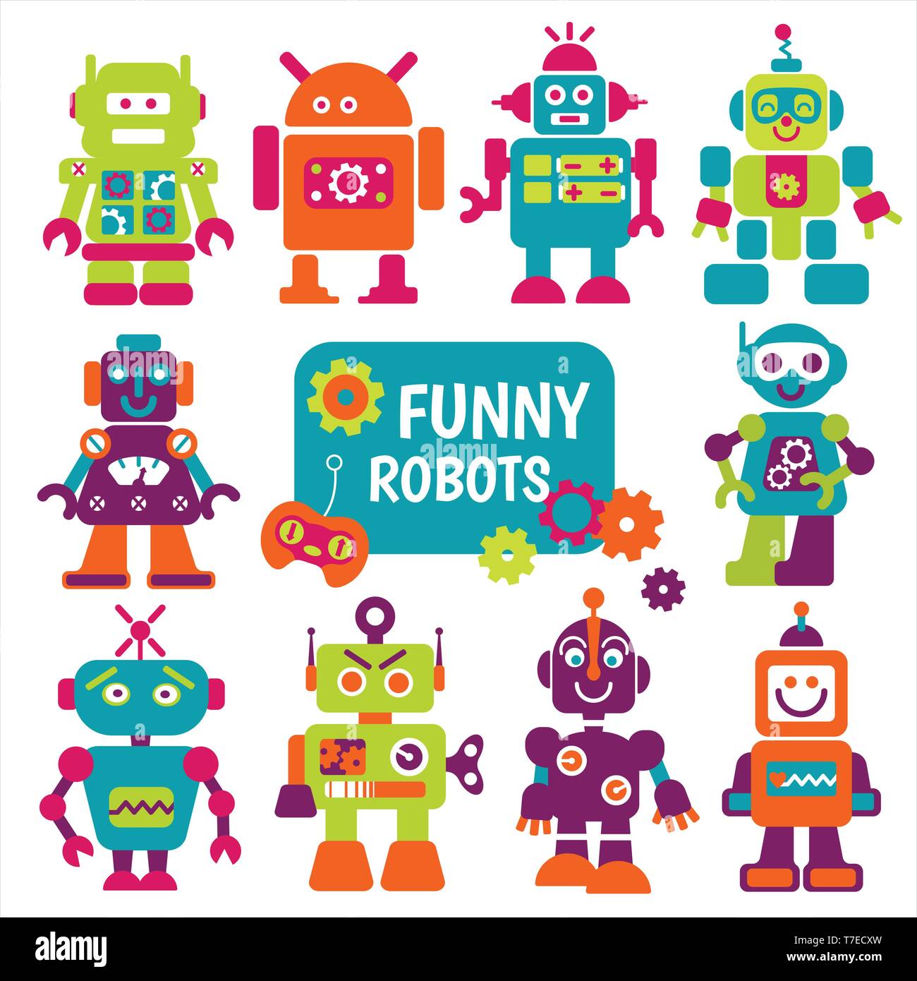 Funny robots set. 10 cheerful robots for design Stock Vector Image ...