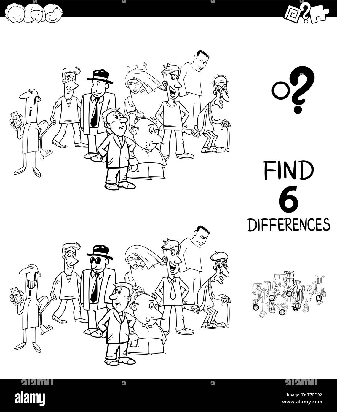 Black and White Cartoon Illustration of Finding Six Differences Between ...