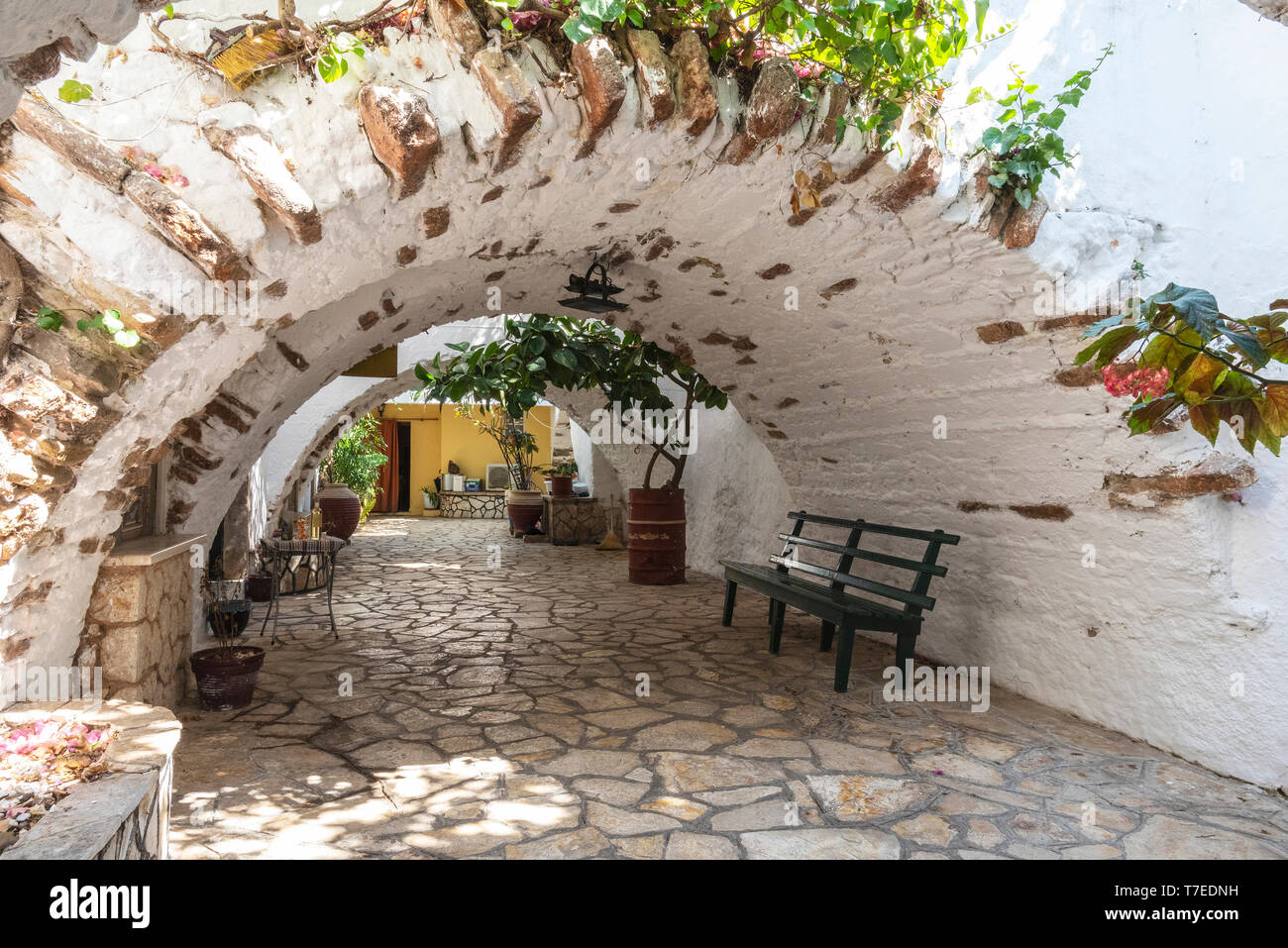 bench, courtyard, Panagia Theotokos, monastery, Paleokastritsa, Corfu ...