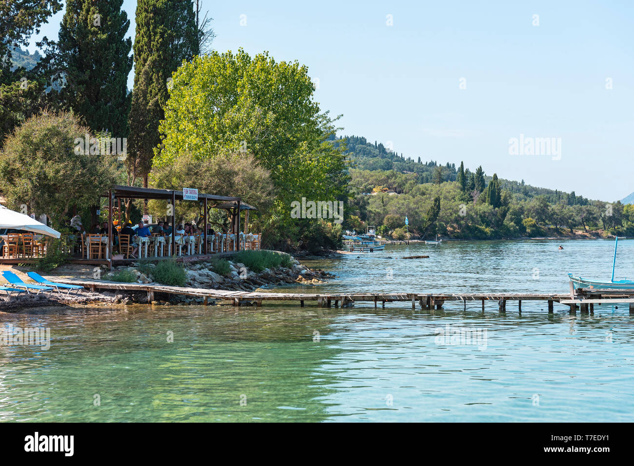 tavern, restaurant, landing stage, Boukari, Corfu Island, Ionian ...