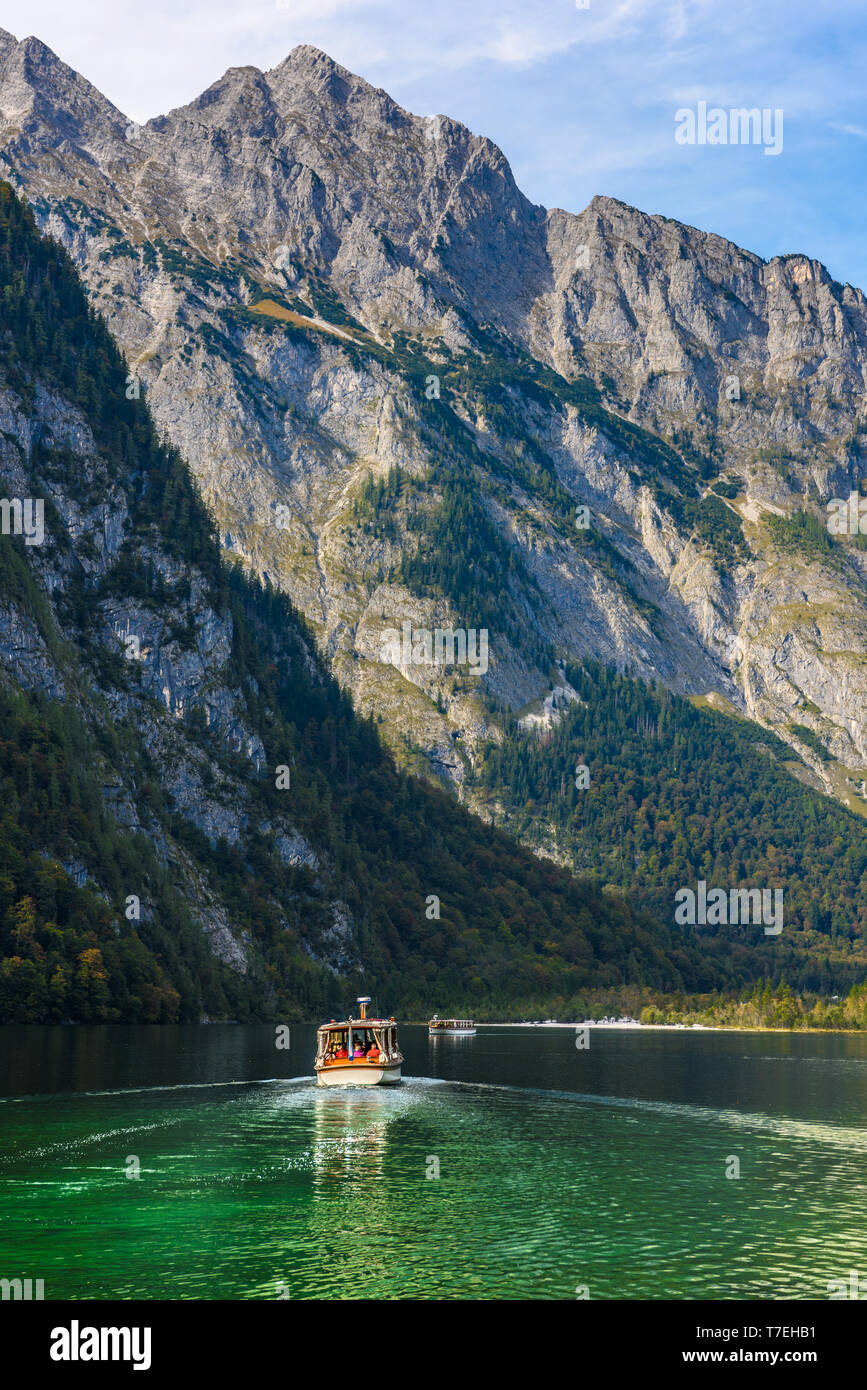 Electric boat in Koenigssee, Konigsee, Berchtesgaden National Park ...