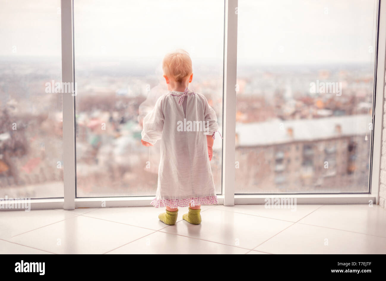 Cute funny cutie looking at the large window Stock Photo - Alamy