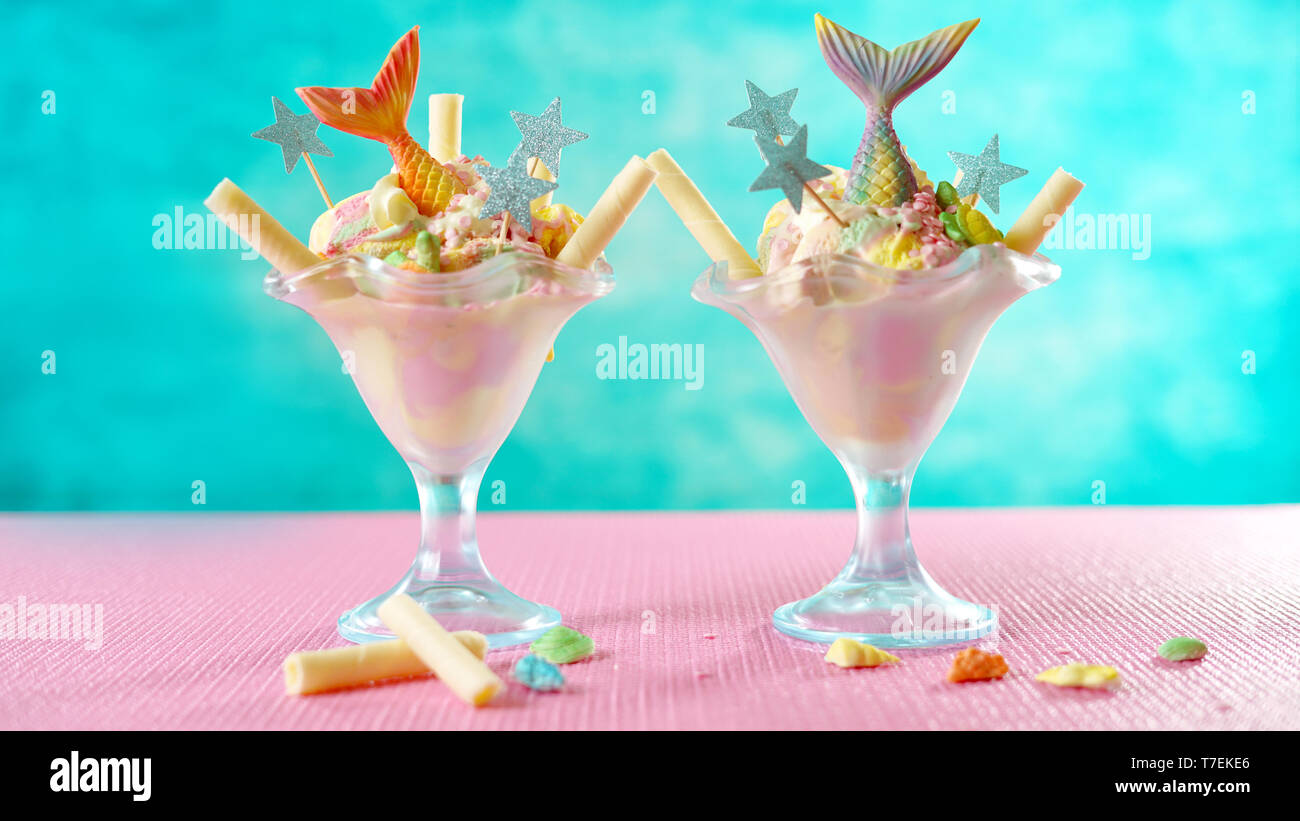 Mermaid sea theme rainbow ice cream sundaes with mermaid tails and ...