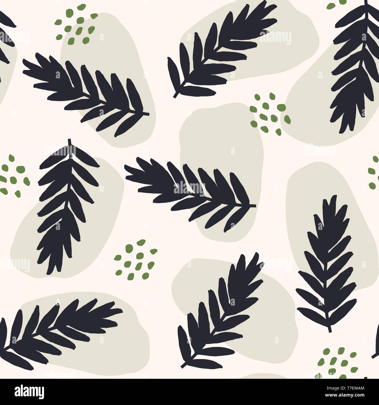 Seamless repeating pattern with abstract shapes and leaf silhouettes in black, light gray and ...