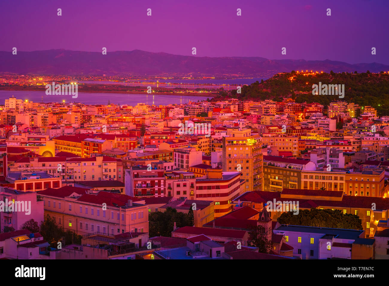 Cagliari at night, capital of the region of Sardinia, Italy. Beautiful ...