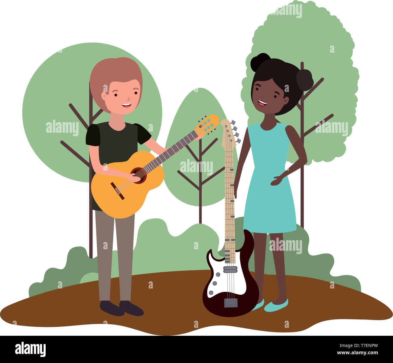 couple with musical instruments in landscape Stock Vector Image & Art ...