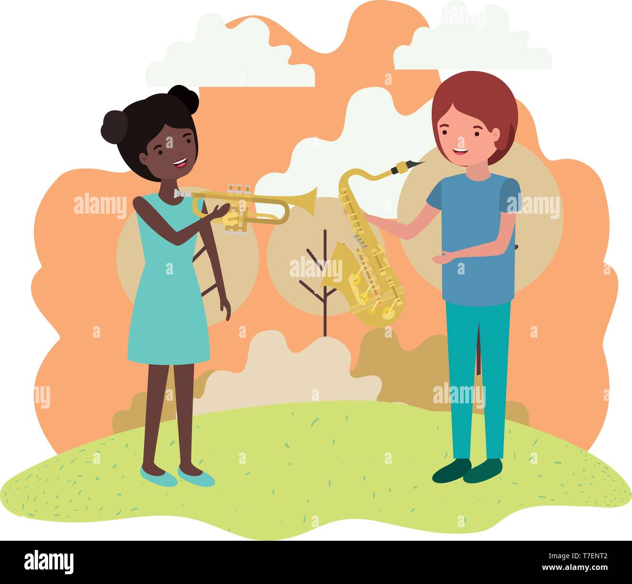 couple with musical instruments in landscape Stock Vector Image & Art ...
