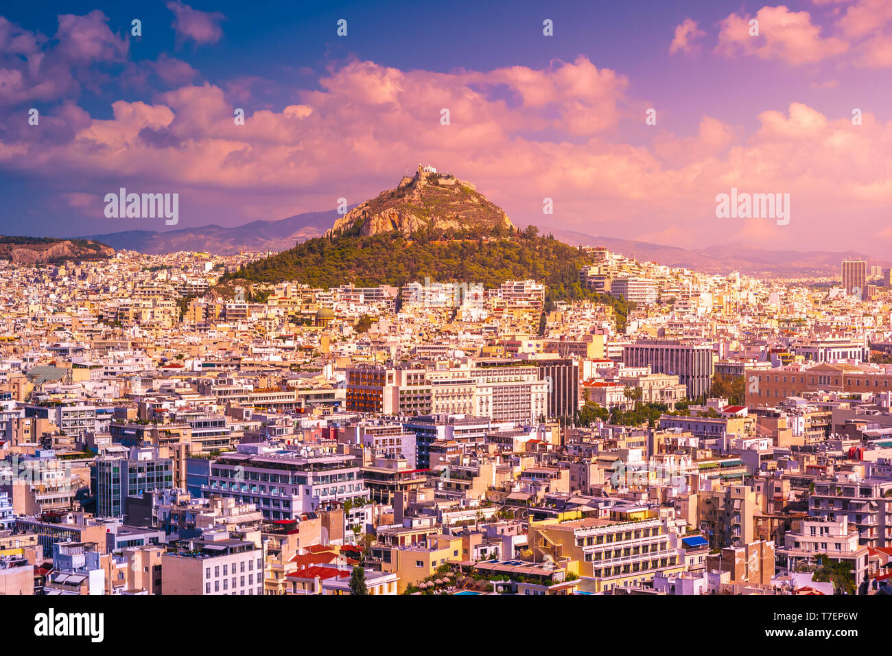 Cityscape of Athens and Lycabettus Hill also known as Lykabettos ...
