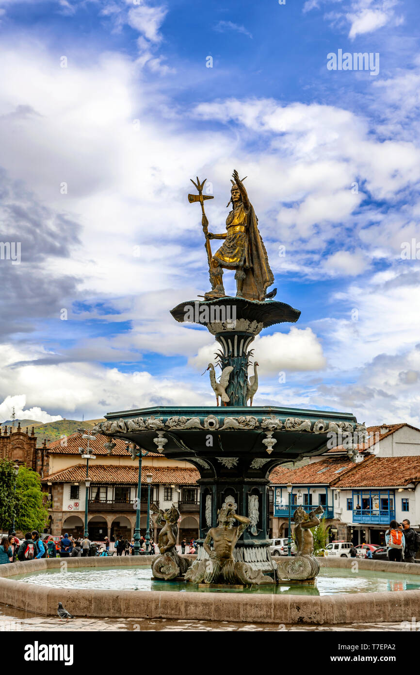 Cusco, Peru - April 4, 2019: People visiting fountain statue of ...