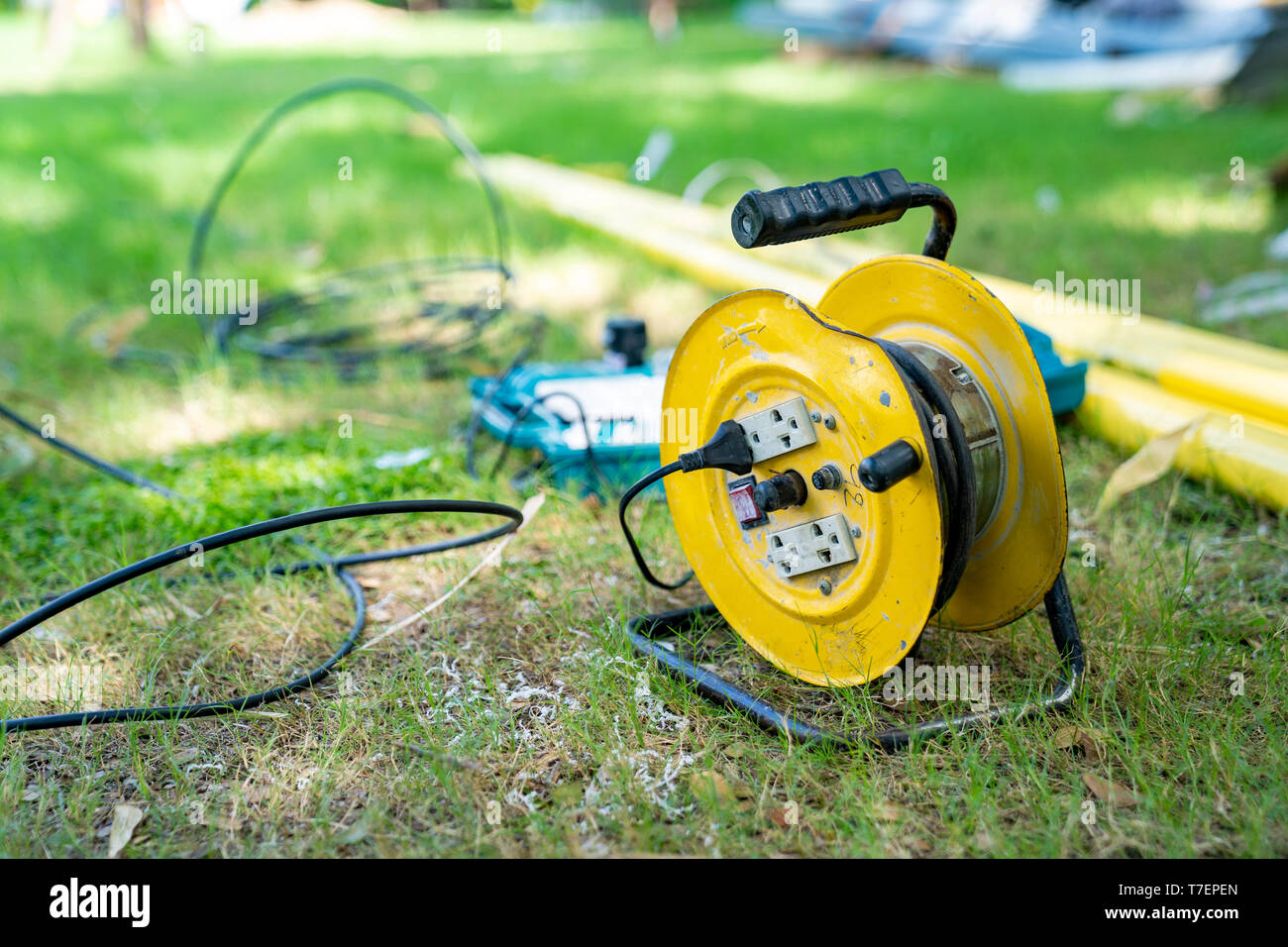 electric cable hub in the field grass garden at noon Stock Photo - Alamy
