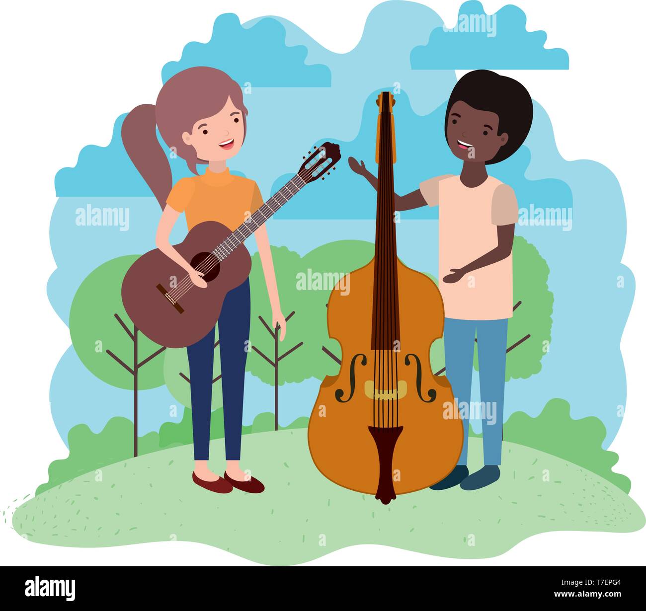 couple with musical instruments in landscape Stock Vector Image & Art ...