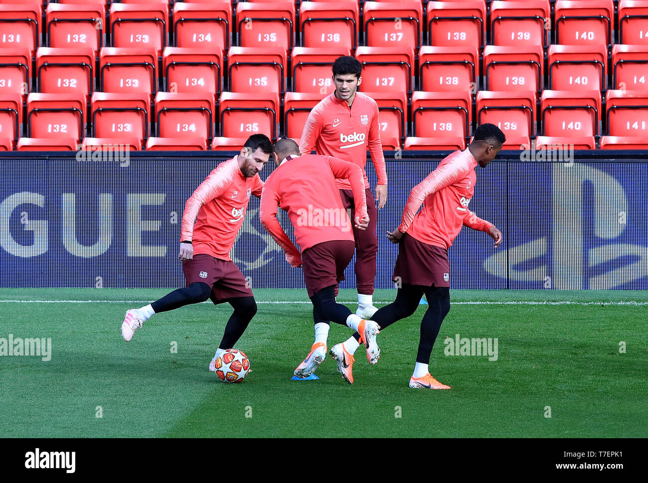 Barcelona's Lionel Messi (left) during the training session at Anfield ...