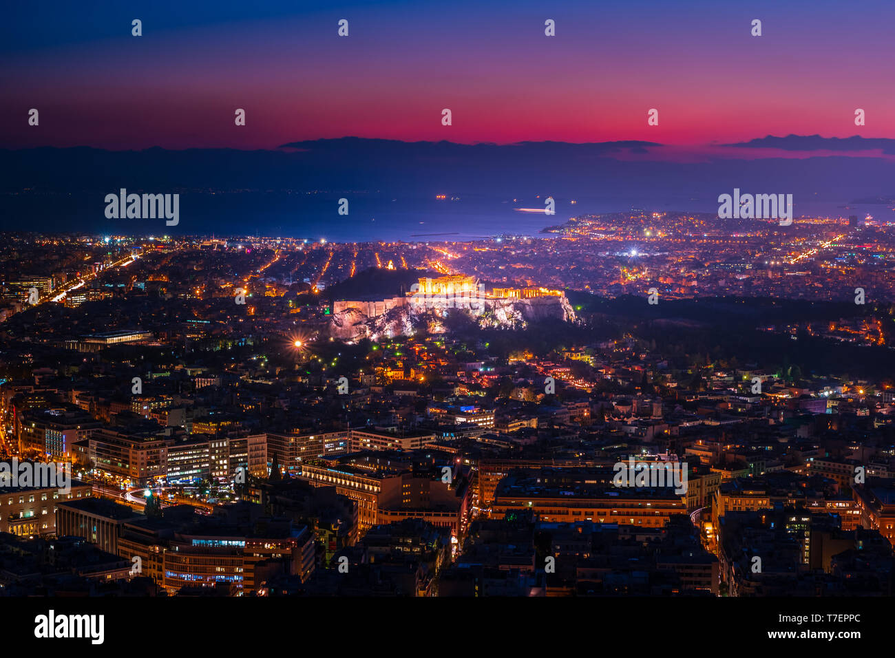 Athens skyline sunset viewed from Mt Lykavitos with Acropolis, Greece ...