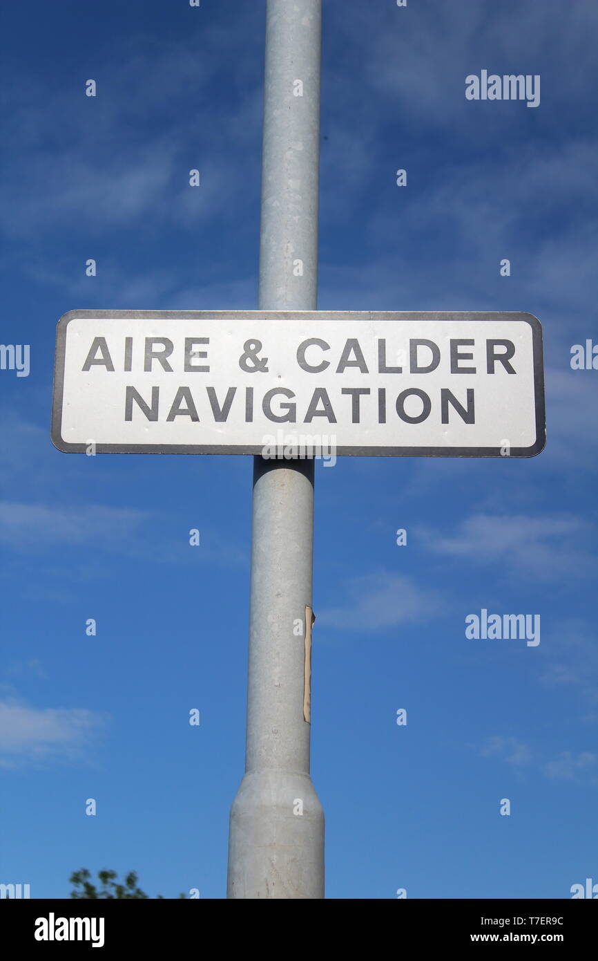 Aire and Calder Navigation British inland water ways canal sign. UK ...