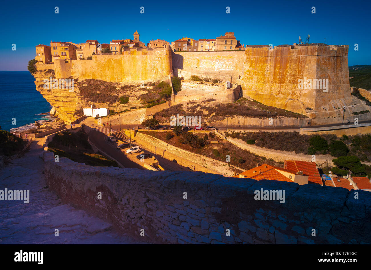 View of Bonifacio old town built on top of cliff rocks, Corsica island ...