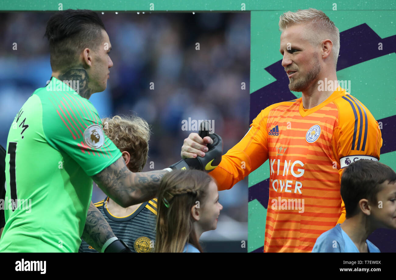 Manchester City goalkeeper Ederson (left) and Leicester City goalkeeper ...
