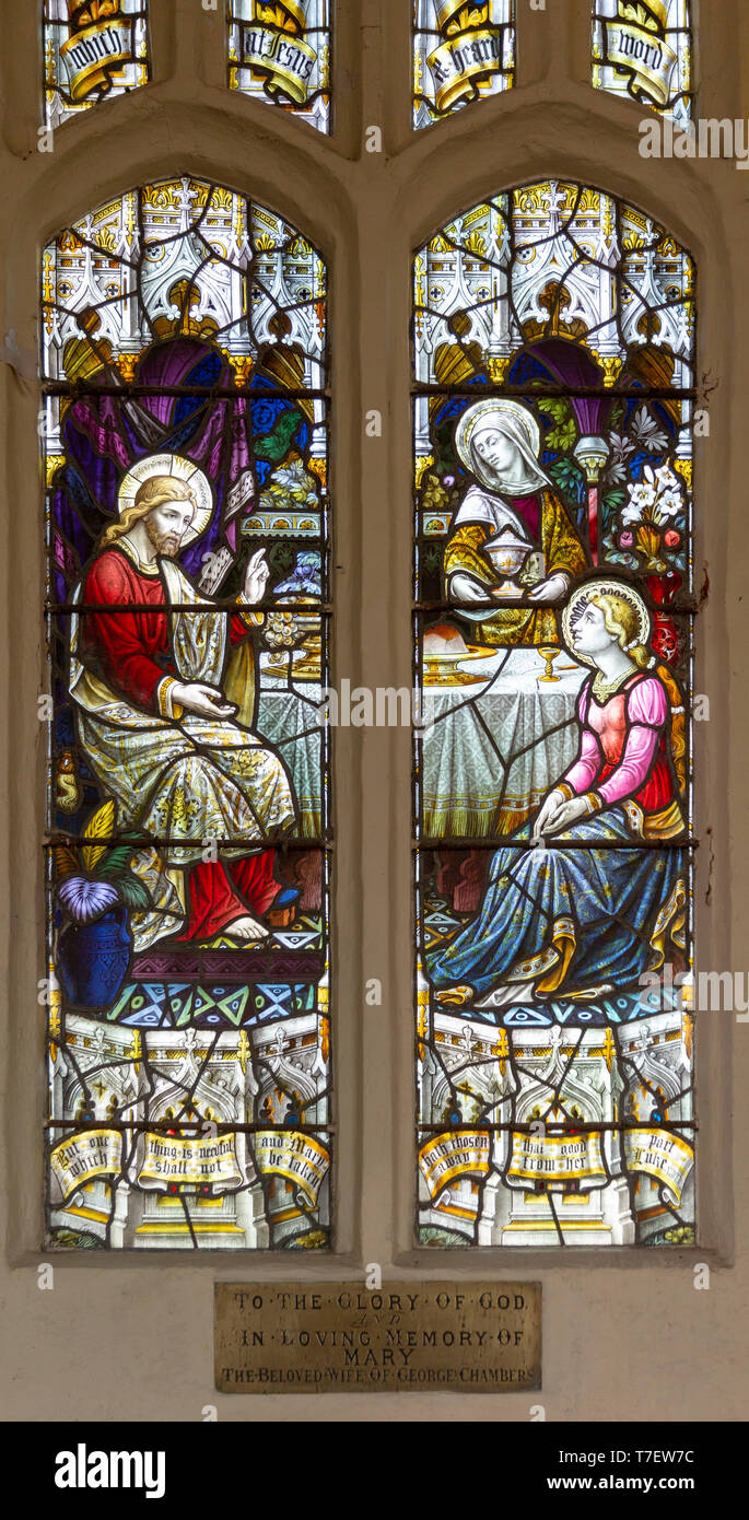 Stained glass window of Jesus Christ and Mary at table, church of Saint ...