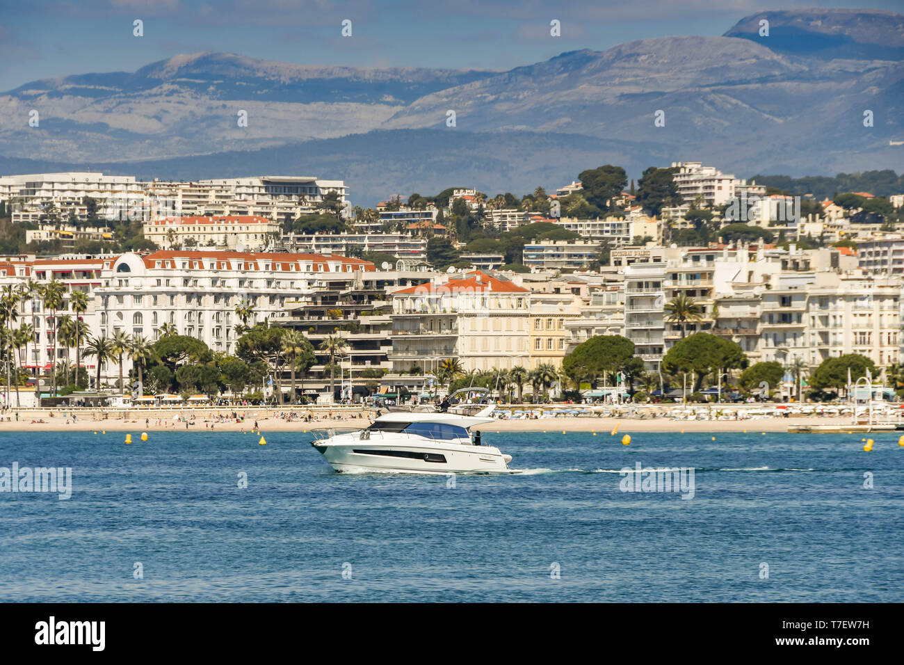 CANNES, FRANCE - APRIL 2019: Luxury motor yacht cruising in the bay in ...