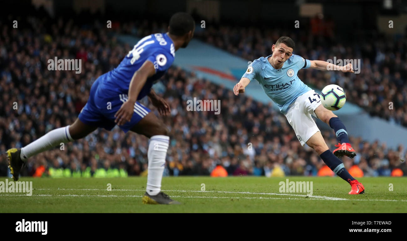 Manchester City's Phil Foden shots over the bar during the Premier ...