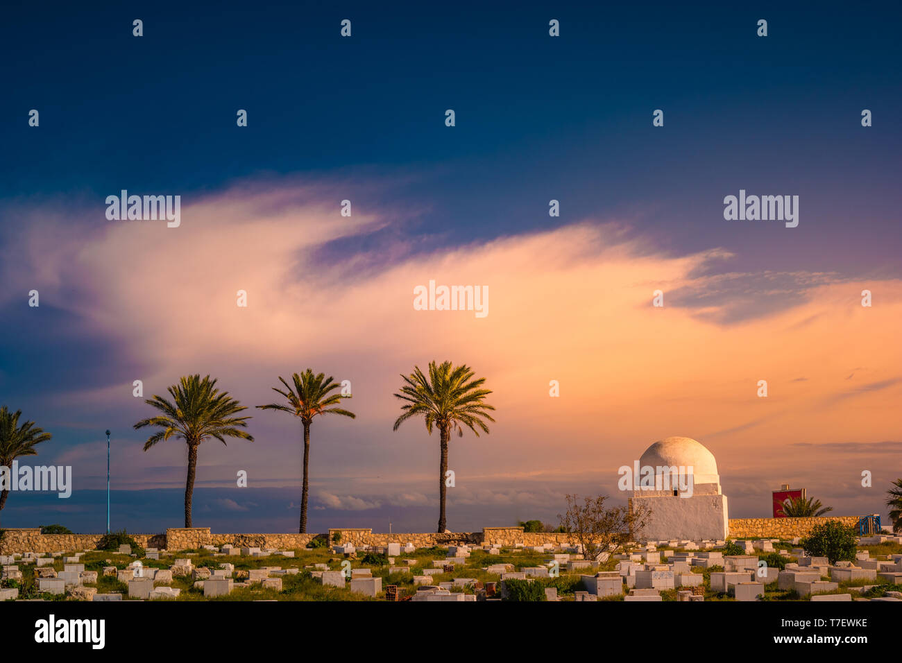 Arabic cemetery next to Ribat in Monastir at the evening, Tunisia ...