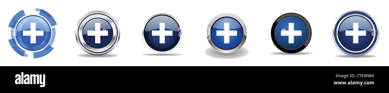 Plus silver metallic chrome border vector icons, set of web buttons ...