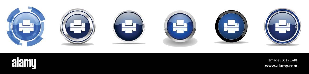 Printer silver metallic chrome border vector icons, set of web buttons ...