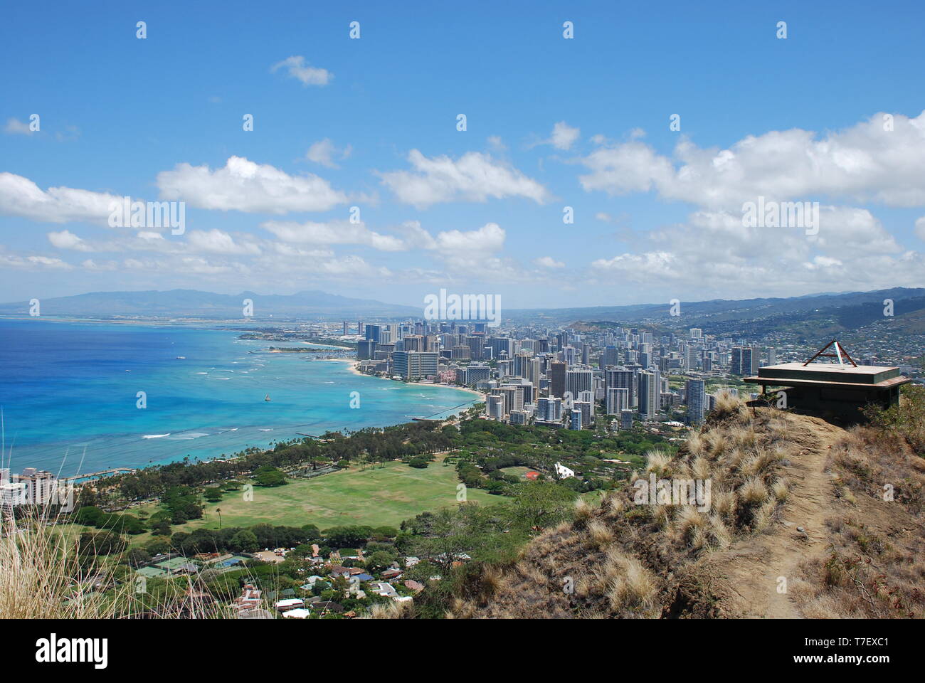 view of ocean and city from top of diamond head state monument trail ...