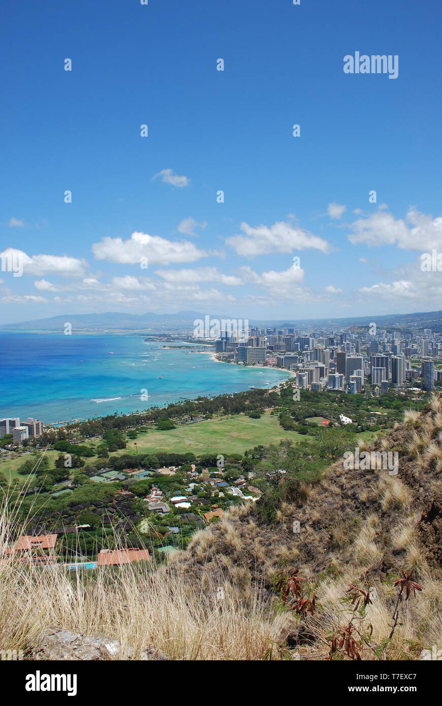 view of ocean and city from top of diamond head state monument trail ...