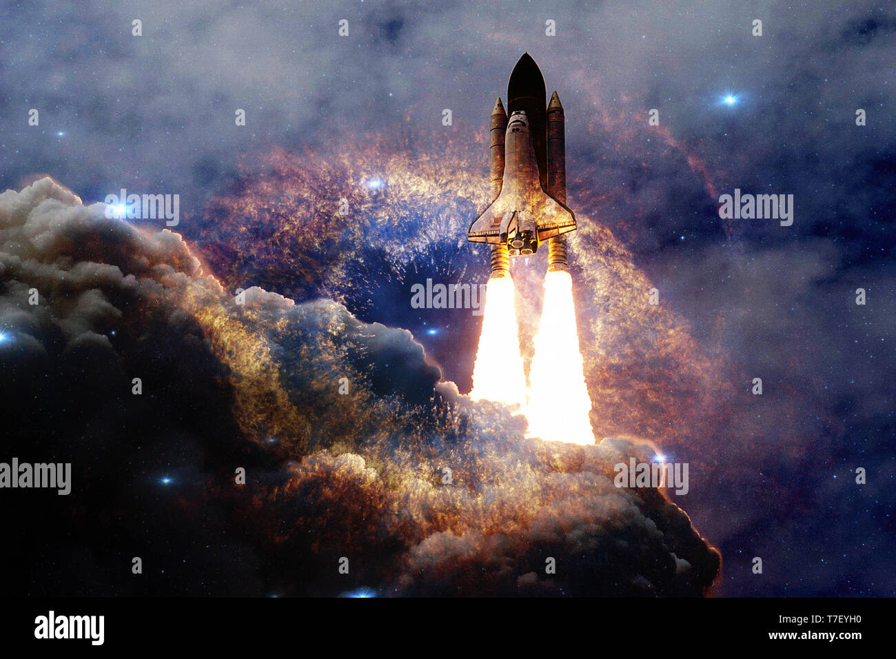 Space shuttle taking off on a mission. Deep space. Beauty of endless ...