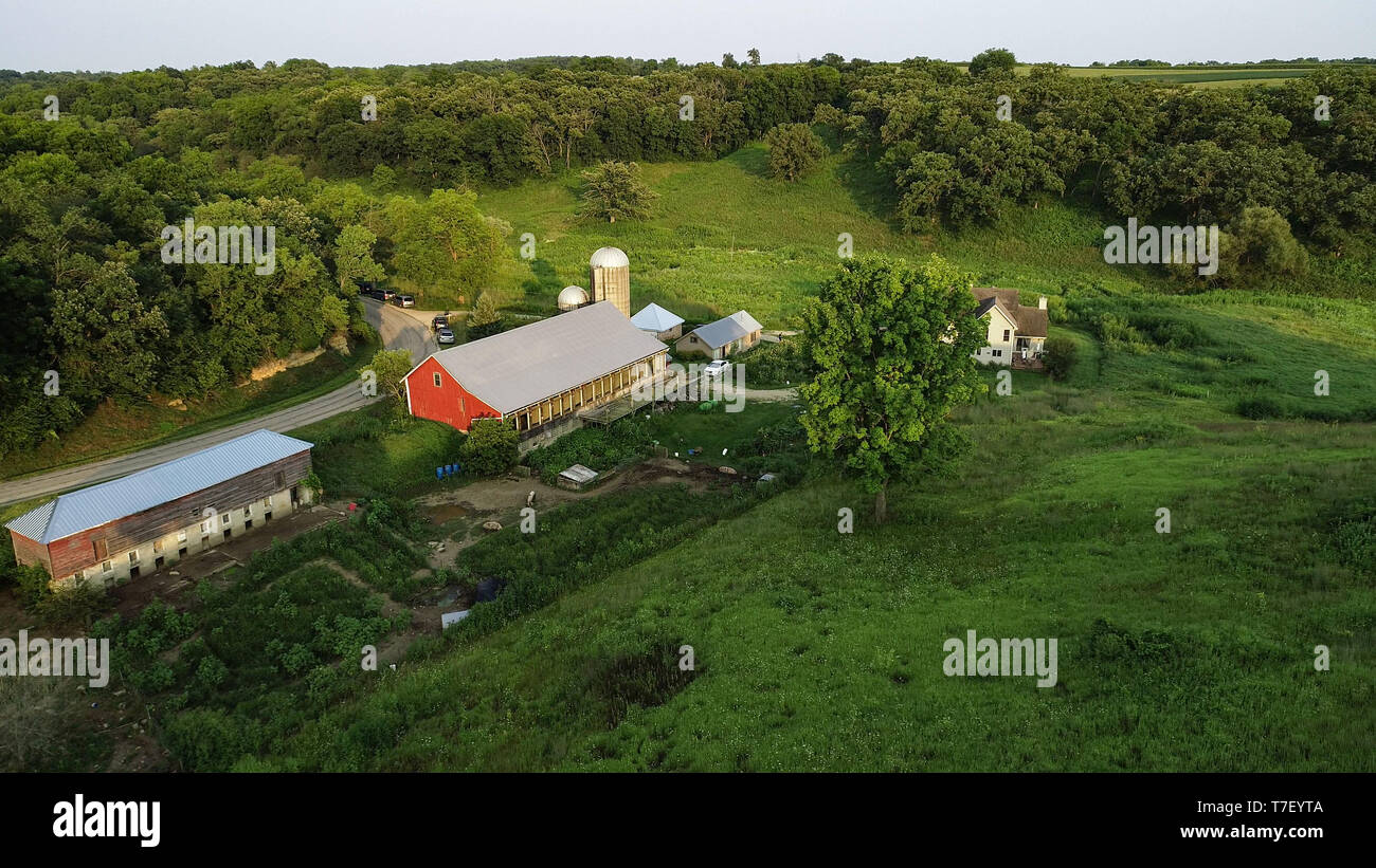 Aerial view from drone of working farm at sunset with Gloucester Old ...