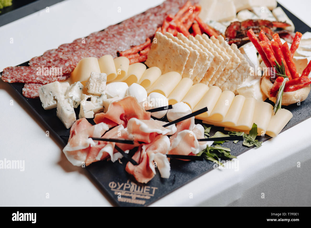 delicious festive buffet with canapés and different delicious meals ...