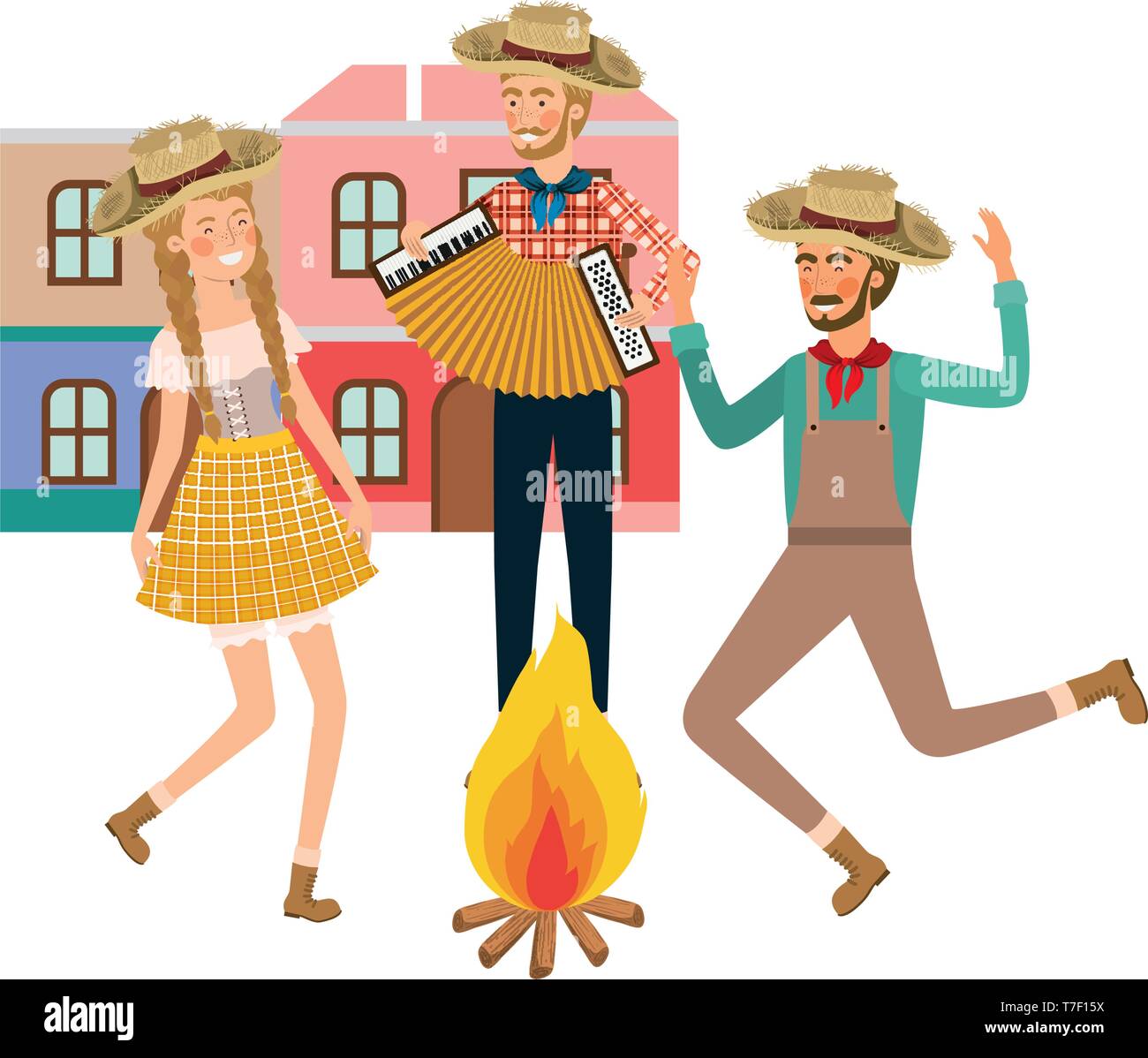 group of people farmers dancing with background houses Stock Vector ...