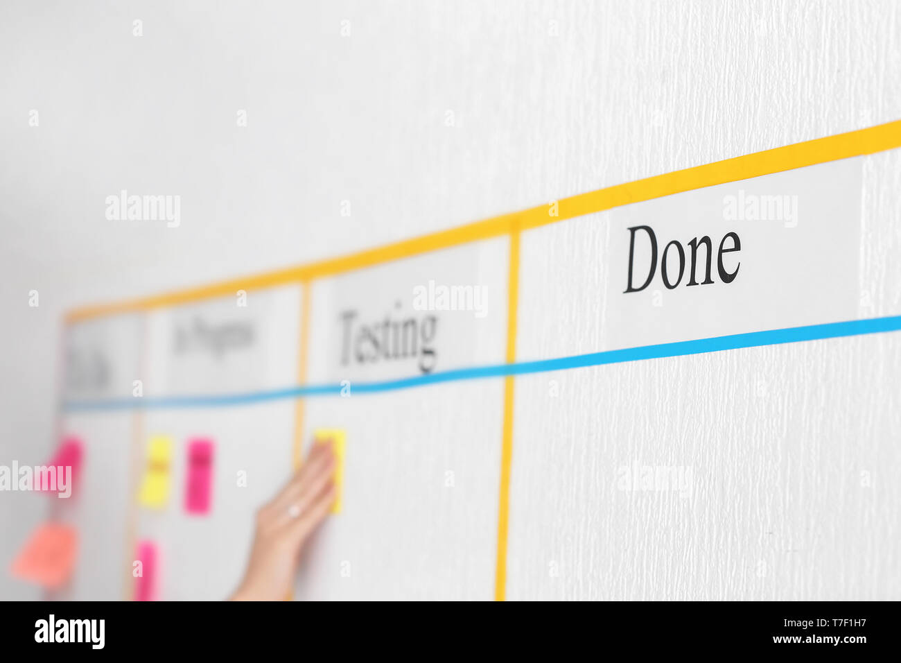 Woman attaching sticky note to scrum task board in office Stock Photo ...